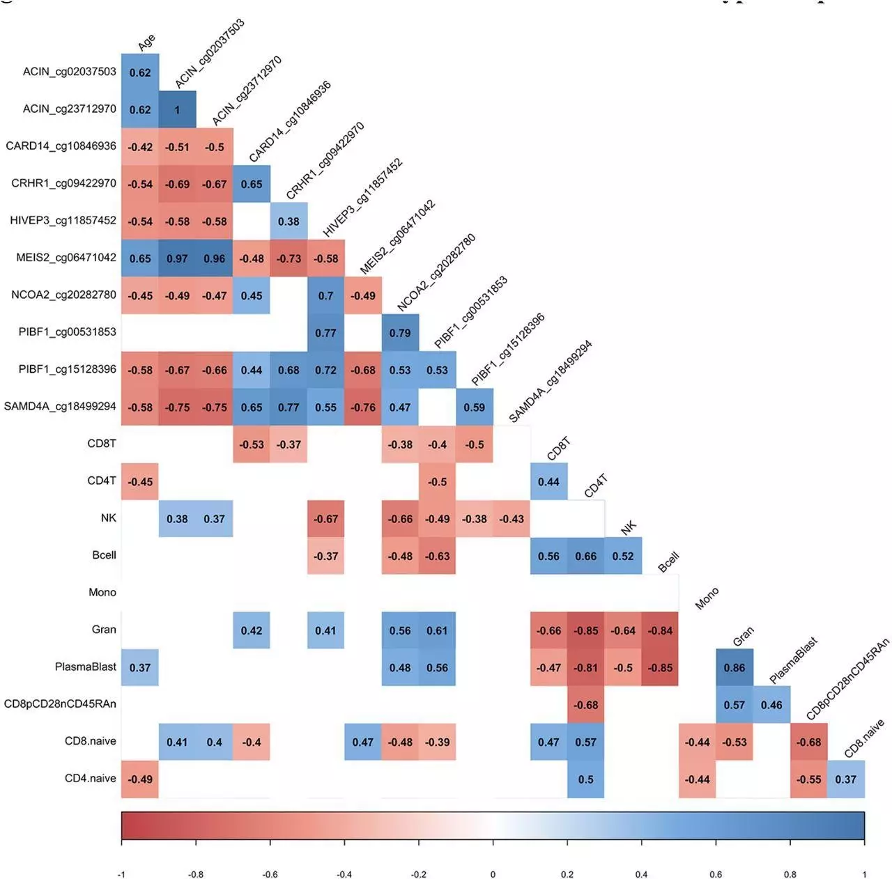 El LMD asociado con COVID-19 se relaciona con la composición del tipo de células inmunitarias. Gráfico de correlograma de la edad biológica, el cambio en los niveles de metilación del ADN para la LMD relacionada con la COVID-19 y el cambio en el tipo de célula inmunitaria inferida después de la COVID-19. Las correlaciones significativas se muestran como un cuadro sólido y se muestra el coeficiente de correlación de rango de Spearman.