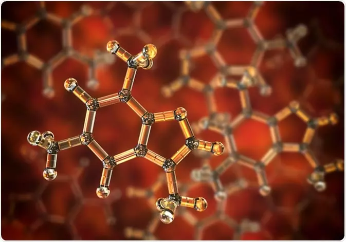 Koffein molekula, 3D-s illusztráció. A koffein a kávéban, a teában és az energiaitalokban található. A kép forrása: Kateryna Kon / Shutterstock